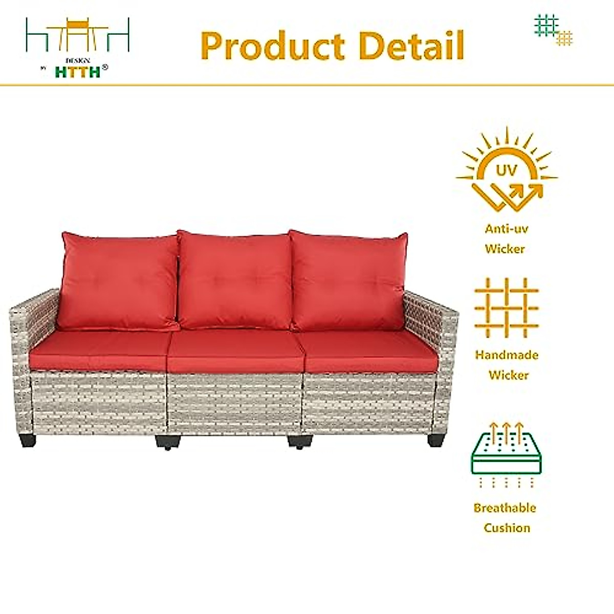 HTTH Patio Furniture Sets PE Rattan Wicker Outdoor Conversation Set Patio Sectional Sets Patio Sofa Couch Set with 2 Ottomans for Porch, Balcony, Lawn (Gray-Red)