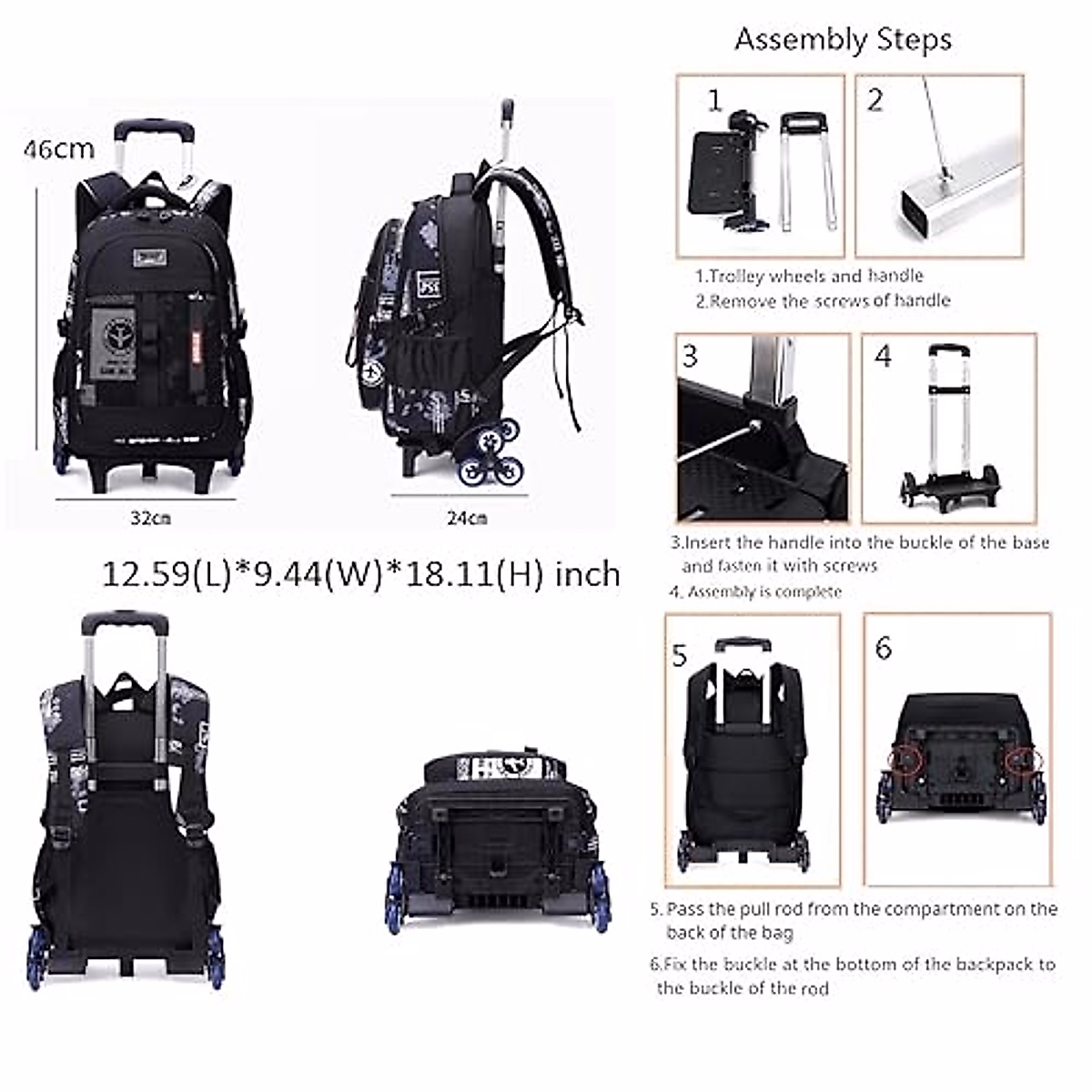 ETAISHOW Camo Rolling Backpack for Boys Kids Backpack with 6 Wheels Wheeled School Bag Trolley Bookbag