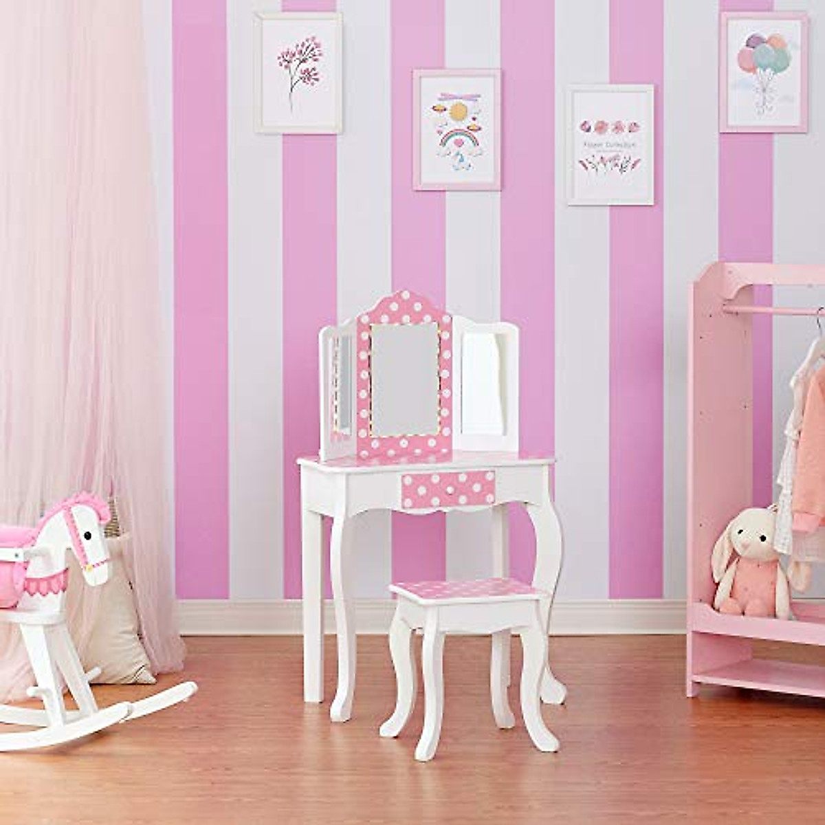 Teamson Kids Princess Gisele Polka Dot Print 2-Piece Kids Wooden Play Vanity Set with Table, LED-Illuminated Tri-Fold Mirror, Storage Drawer, and Matching Stool, White with Pink Polka Dot Accent