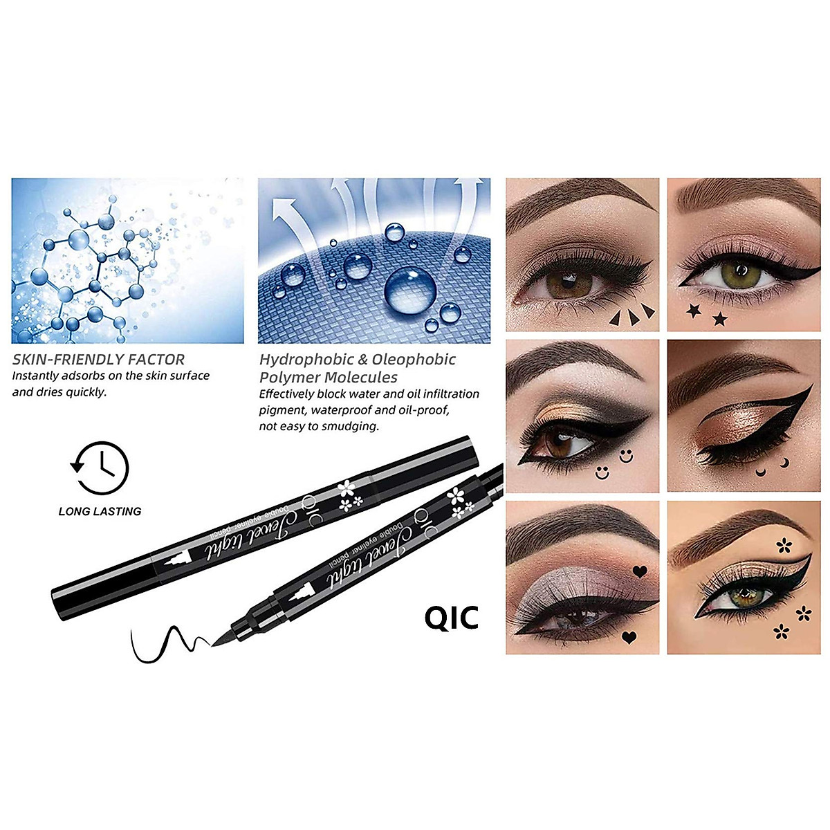 Go Ho 6 PCS Eyeliner Stamps,Double-sided Super Slim Gel Felt Tip High Black Eye Liner Pen,Waterproof Smudge-Proof Smooth Eyeliner Makeup Tools（6 Shapes）