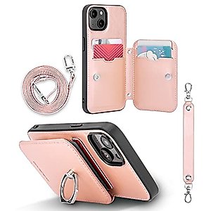GOOSPERY Rich-Fit iPhone 14 Crossbody Wallet Case for iPhone 14 Case [Strap Included] with Card Holder Lanyard Magnetic Clasp [Kickstand Ring] Heavy Duty Protection, Rose Gold