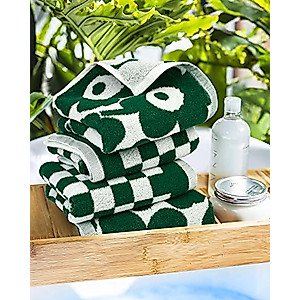 Soft Hand Towels for Bathroom Checkered and Sun Floral - 2 Styles 4 Pack Cotton Hand Towel Set - Dark Green