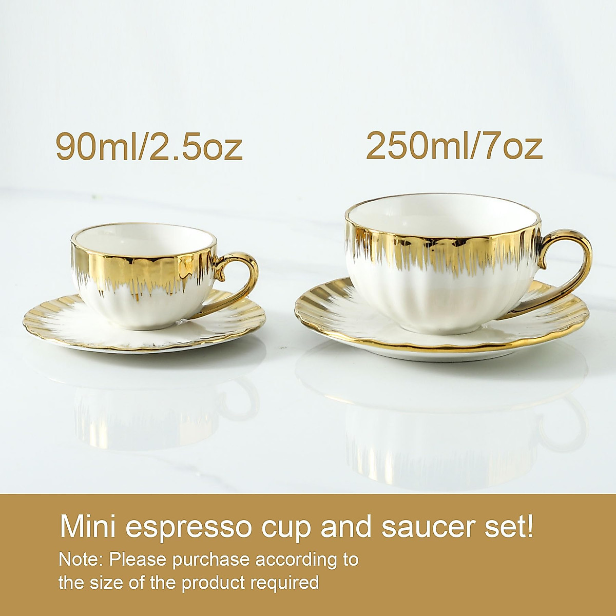 LETAOTAO Espresso Cups and Saucers, 2.5 oz Porcelain Espresso Cups Set of 6, Ceramic Coffee Cups with Gold Trim, Espresso Mugs, Mini Demitasse Cups with Handle for Single Espresso, White