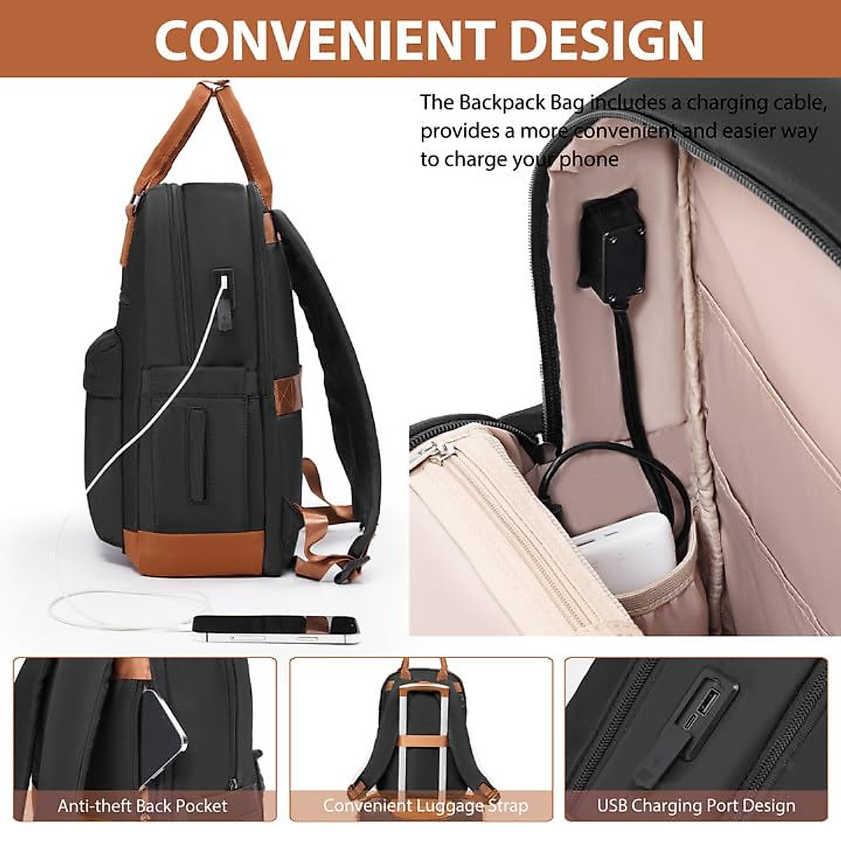 LONG VACATION Women's 15.6 Inch Laptop Bag, Fashion Laptop Backpack with USB Port, Casual Daypacks for Work (BLACK & BROWN, 15.6 inch)