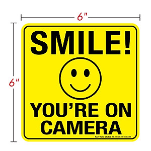 Smile You're On Camera Sign Stickers 6 Pack - 6 x 6 Inches- 4 Mil Vinyl - Laminated for Ultimate UV, Weather, Scratch, Water and Fade Resistance - Easy To Stick - Use for CCTV Security Camera