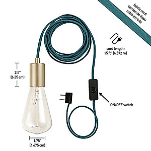 Globe Electric 69997 Emile 1-Light Plug-in Exposed Pendant, 15-ft Teal Cloth Cord, in-Line On/Off Rocker Switch, Brass Socket, 180