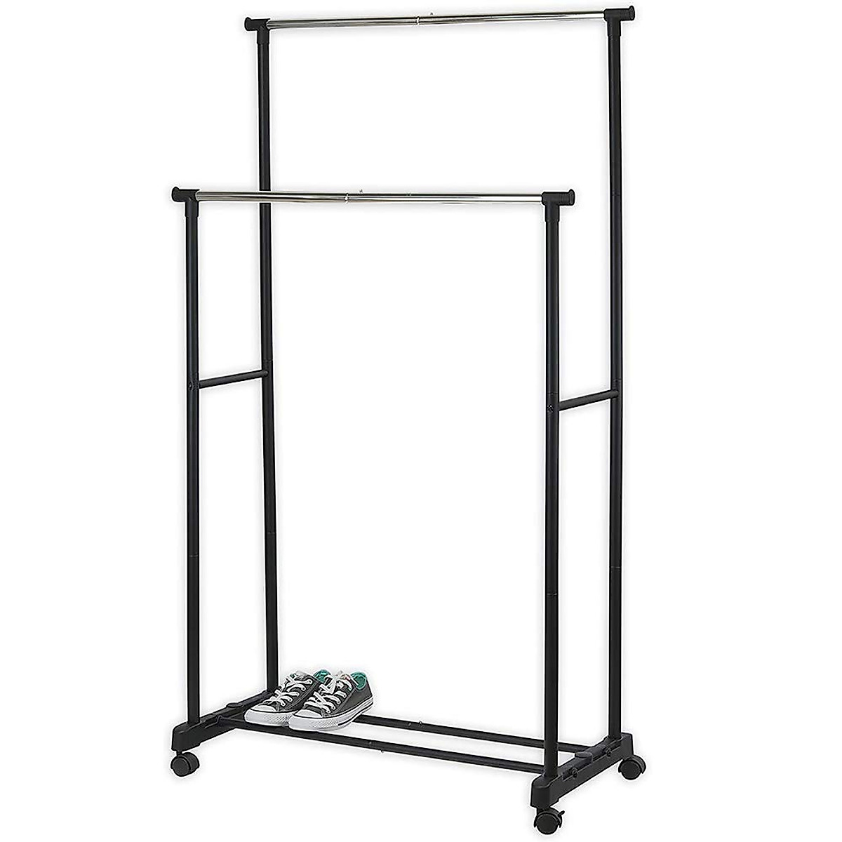 WOHLLEBEN Expandable Double Rods Clothing Rack Portable Freestanding Clothes Rack on Wheels Clothes Closet with Shoe Shelves Multi-functional Garment Rack, (33"-59")×16.5"×(43"-67")