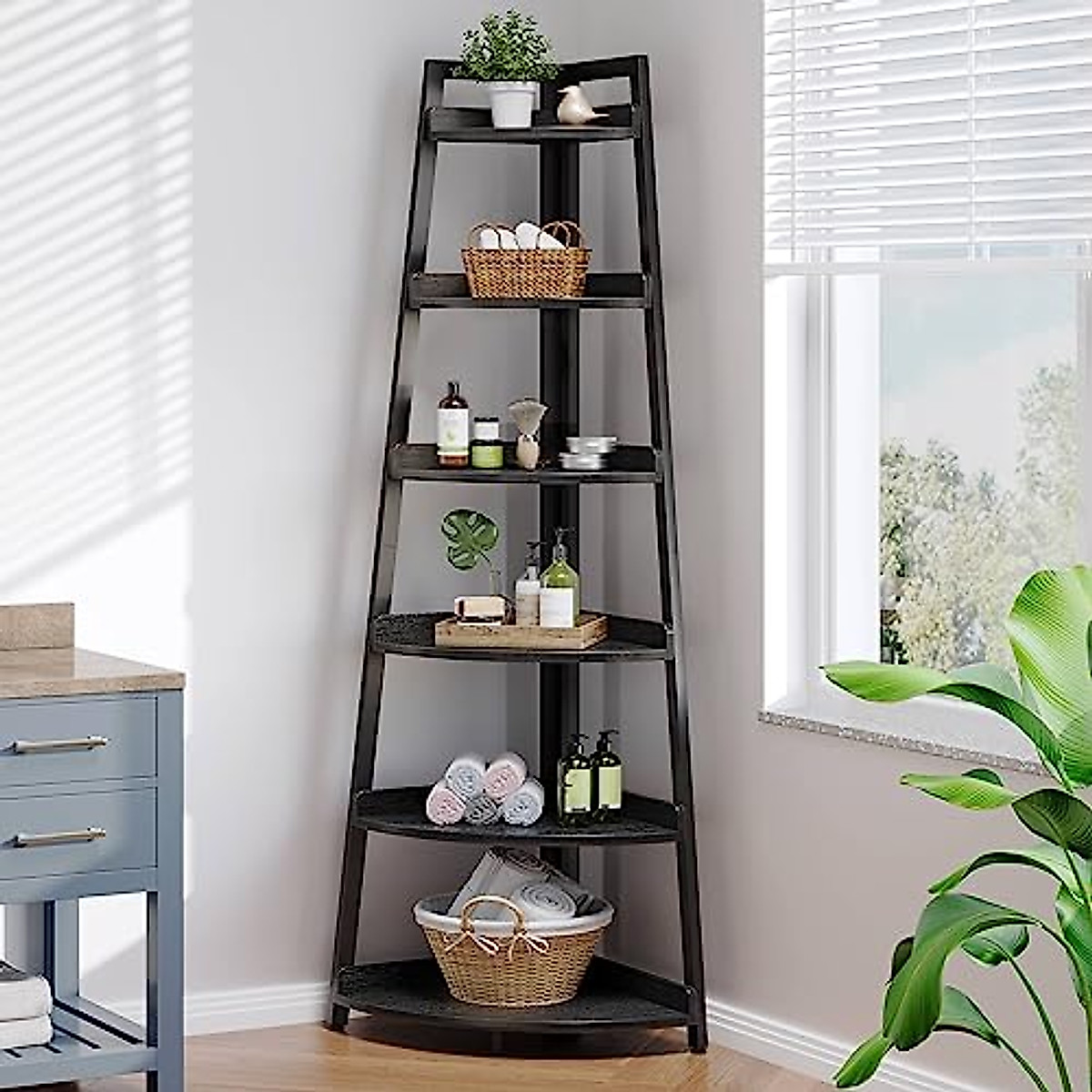 Rolanstar Corner Shelf, 6 Tier Modern Corner Bookshelf Industrial Corner Ladder Shelf Plant Stand for Display Rack for Living Room, Home Office, Bathroom, Small Space, Black