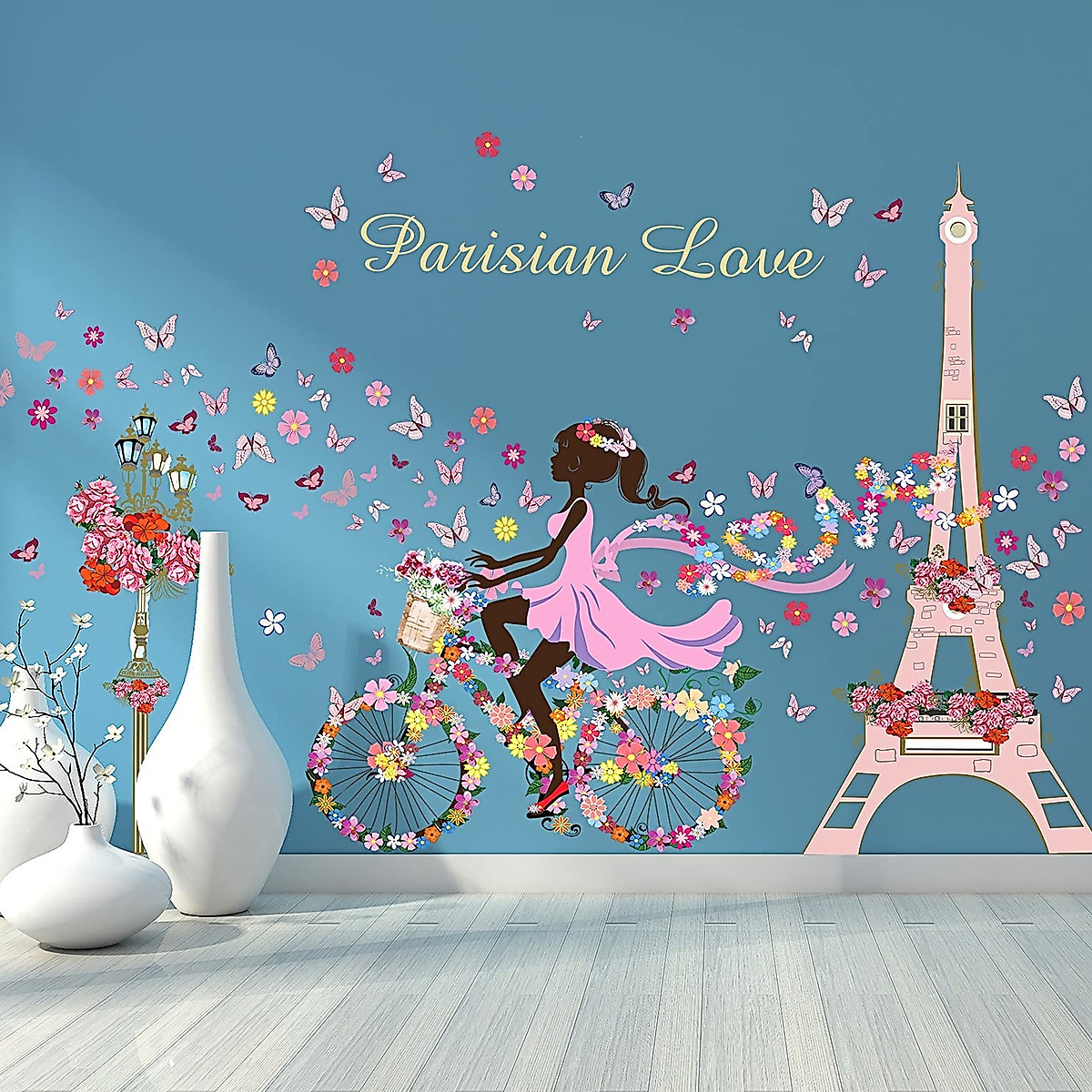 RW-9006 3D Flower Fairy Wall Decals Romance Paris Eiffel Tower Wall Stickers DIY Removable Girl Riding Bike Butterfly Floral Light Tower Decor for Girls Women Bedroom Living Room Nursery Decoration