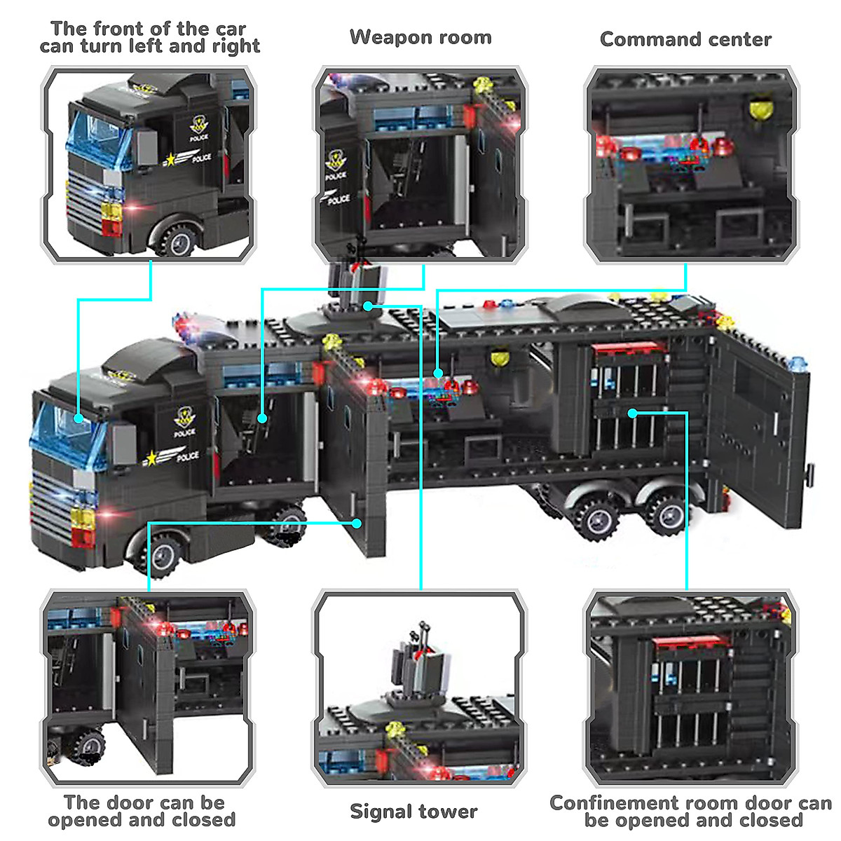 1102 Pieces City Police Station Building Kit, SWAT Mobile Command Center Truck Building Toy with Police Car, Helicopter, Patrol Boat, Best Learning and Roleplay Swat Toy Gift for Boys and Girls