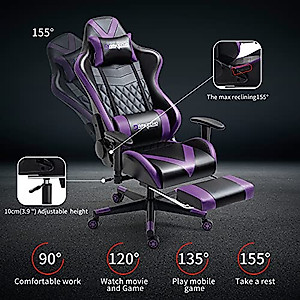 Darkecho Gaming Chair Office Chair with Footrest Massage Racing Ergonomic Chair Leather Reclining Video Game Chair Adjustable Armrest High Back Gamer Chair with Headrest and Lumbar Support Purple