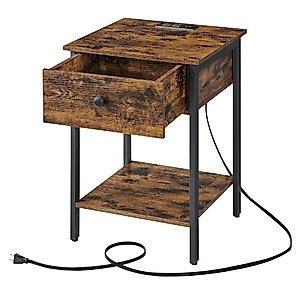 VASAGLE Nightstand with Charging Station, Side Table with Drawer and Open Shelf, End Table, for Bedroom, Easy Assembly, Industrial, Plug-in Series, Rustic Brown and Black ULET513B01