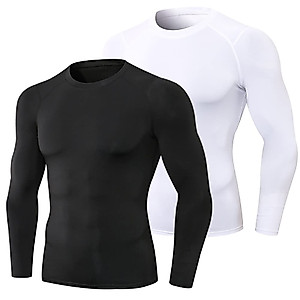 EARGFM Men's Athletic Long Sleeve Compression Shirt Gym Running Baselayer Quick Drying T-Shirts High Elastic Tops 2 Packs