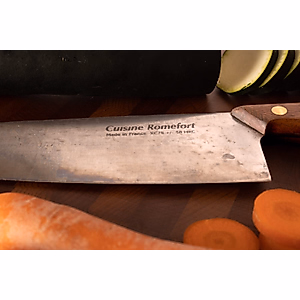 Cuisine Romefort | Sharp Carbon Steel Chef's Knife XC75, 8.7 in blade, with Leather sheath | chef knives with wooden handle | kitchen knife hardened with 58 Rockwell