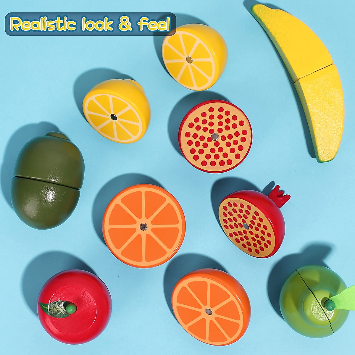 CARLORBO Wooden Toys for 2 Year Old - Pretend Play Food Set for Kids Play Kitchen,9 Cuttable Toy Fruit and Veg with Wooden Knif and Tray,Gift Idea for Boys Girls Birthday