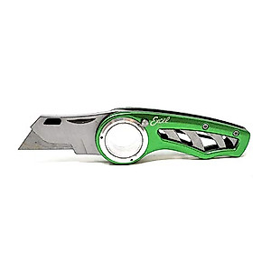 Excel Blades Revo Folding Pocket Utility Knife - Aluminum Body Heavy Duty Box Cutter with Holster, Anti-Slip Finger Loop Design Grip, Quick Change Blades and 3 Lock Positions Design, Green