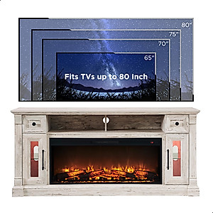 OKD Fireplace TV Stand for 80 Inch TV - Farmhouse Entertainment Center with 42" Electric Fireplace & LED Lights, Wood Media Console with Storage Drawers & Cabinets for Living Room, Antique Brush White