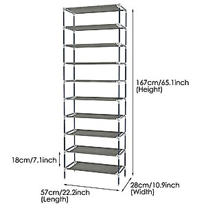 kemanner 10-Tier Shoe Rack, Non-woven Fabric Free-Standing Shoe Tower Organizer Cabinet - Holds 50 Pairs of Shoes - 22.2” x 10.9” x 65.1” - Grey