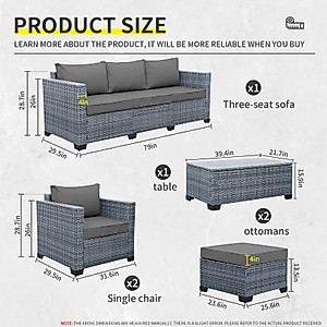 Lviden 6 Pieces Wicker Patio Furniture Sets Outdoor Conversation Set PE Rattan Sectional Sofa Couch with Storage Table and Grey Cushions