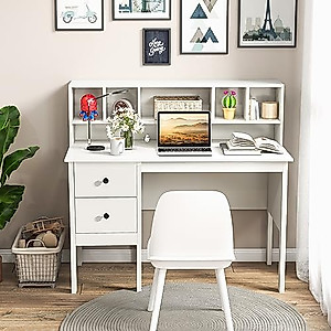 Tangkula White Desk with Drawers & Hutch, Modern Home Office Desk Writing Study Desk with Charging Station, Laptop Desk with 5 Storage Compartments, Computer Workstation Makeup Vanity Desk
