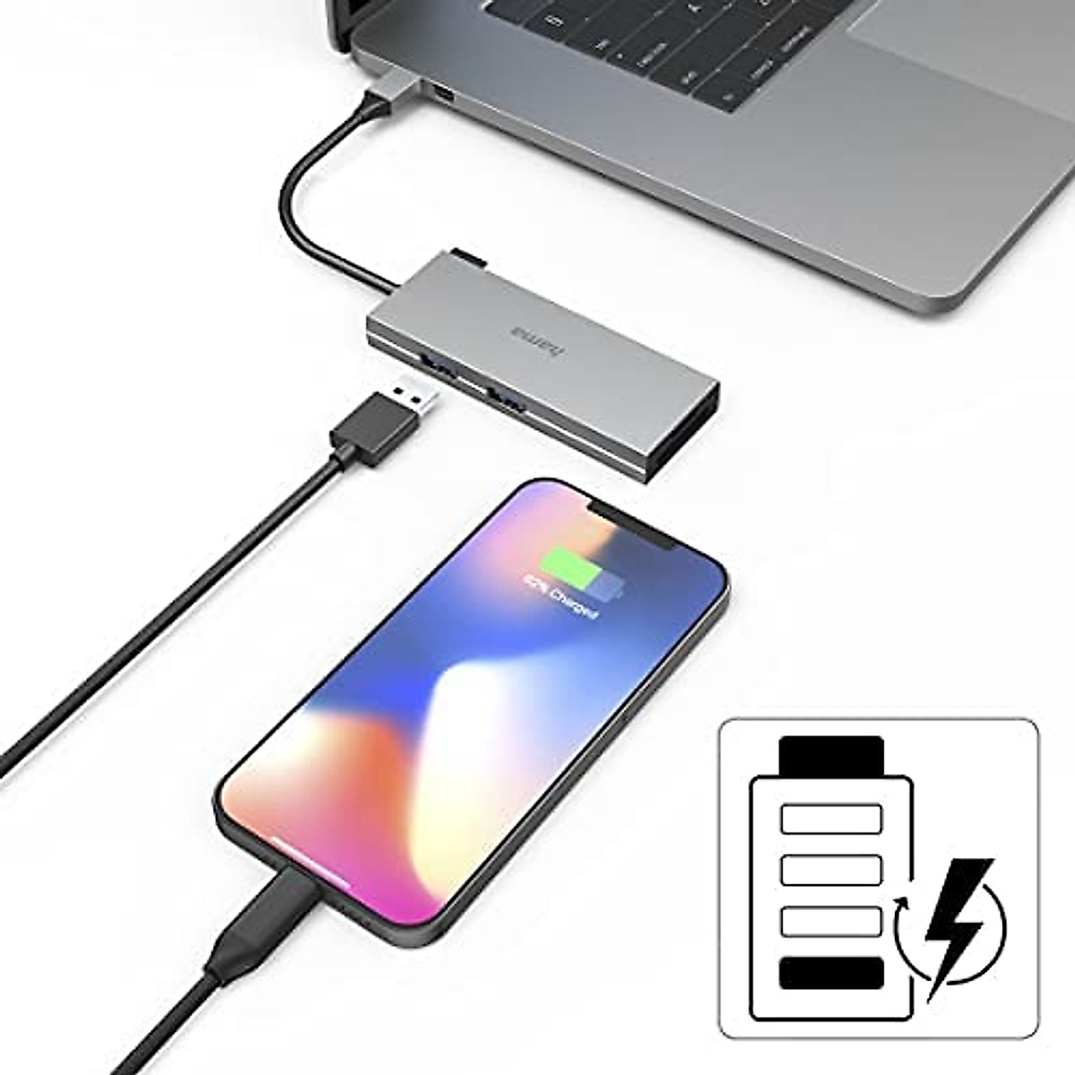Hama USB C Hub 6 Ports (Multiport Adapter 1x HDMI 4K, 2X USB-A, 1x USB-C for Transfer Data and Charging with PD, 2X Card Reader SD and microSD, USB C Adapter 6-in-1 for Office, Home Office) Aluminium