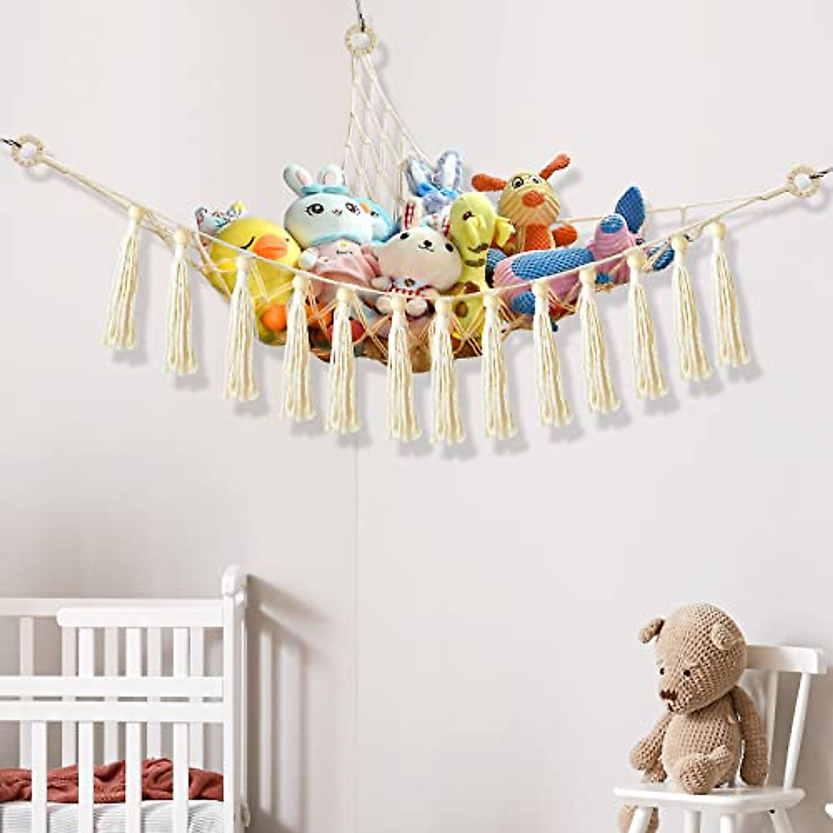 Morcheiong Stuffed Animals Net or Hammock, Large Stuffed Animals Storage with Hooks Tassel, Cotton Net for Stuffed Animals Corner