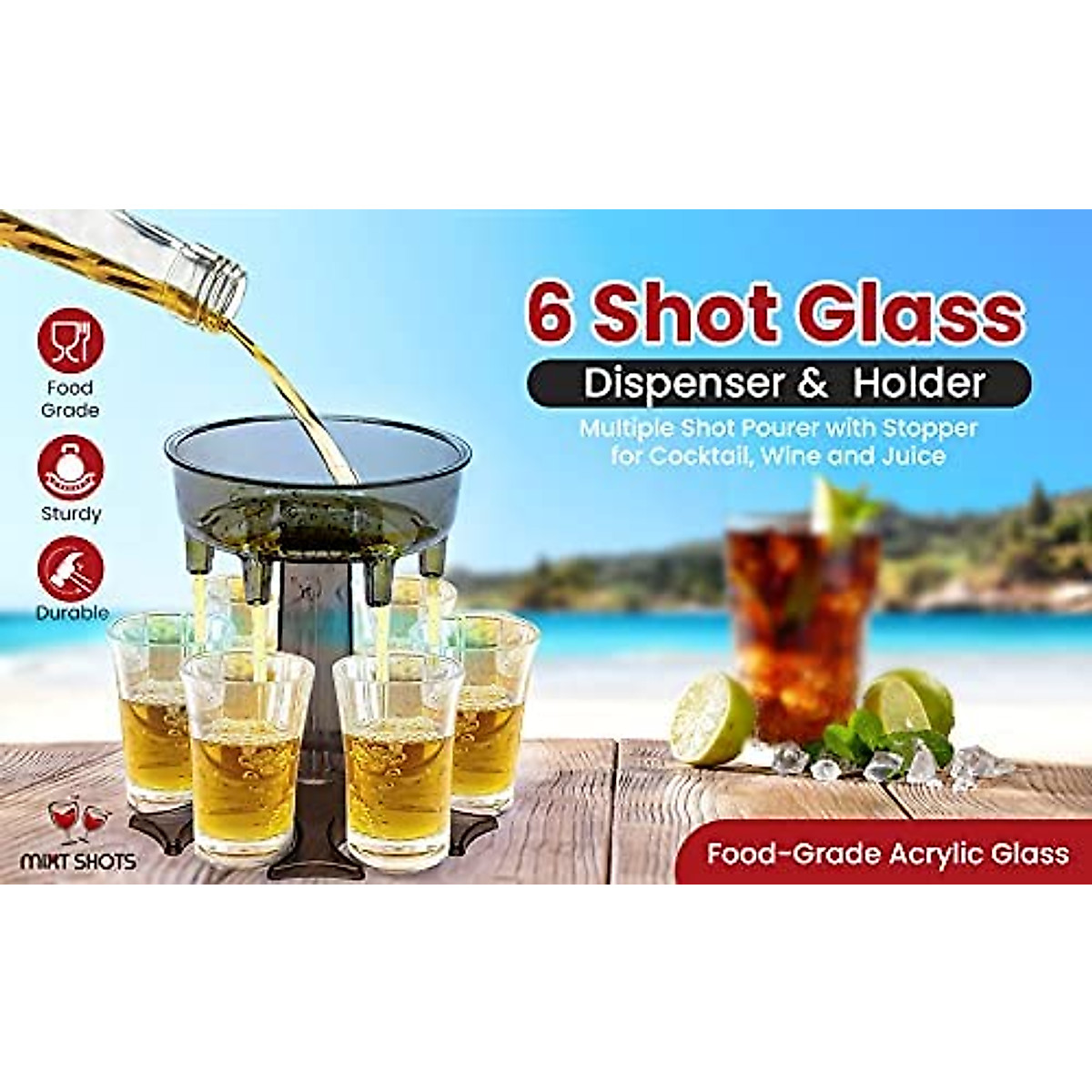 Mixt Shots 6 Shot Glass Dispenser and Holder, Multiple Shot Pourer for Cocktail, Wine and Juice, Party Drink and Beverage Dispenser for Filling Liquids (13x13x12.5 cm, Transparent)