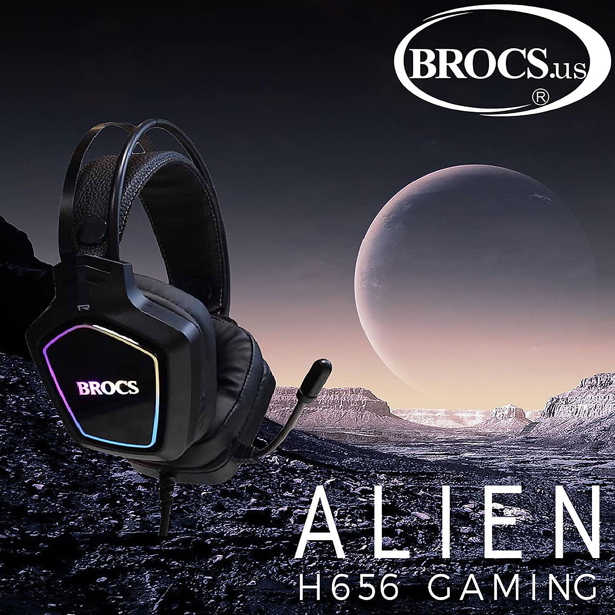 Brocs - Alien H656 Gaming, Headphone with Microphone, RGB - Gaming Headset, USB Headphone for Computer, PC, Laptop, Xbox, PS4 with RGB Lights