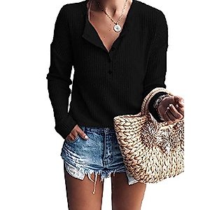 MOLERANI Womens Waffle Knit Tunic Tops Loose Long Sleeve Button Up V Neck Henley Shirts (Large, Black)
