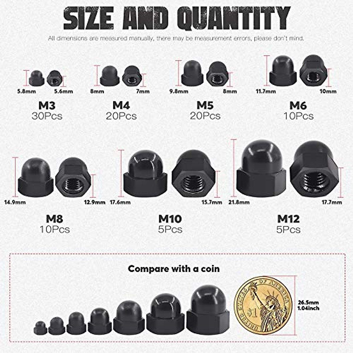 Hilitchi 7Sizes 100Pcs Black Nylon Acorn Nut Metric Inner Threaded Cap Nuts Assortment Kit M3 4 5 6 8 10 12 Dome Nuts