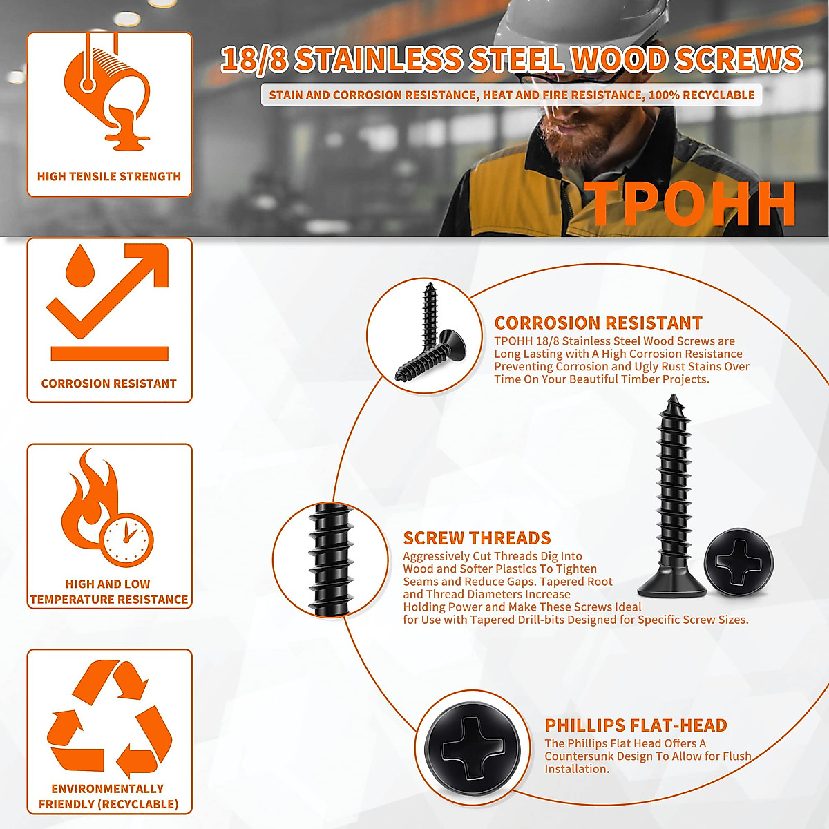 TPOHH 100 PCS #6 X 3/4 inch Stainless Steel 18-8 (A2) Wood Screws, Black Coated Flat Head Phillips Full Threaded No.6 X 0.75 Length Screw, KA35X19SS18-8