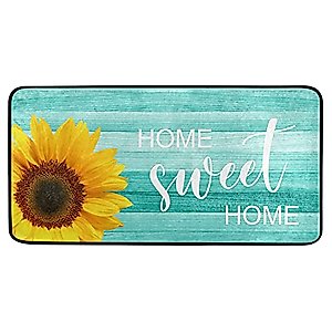Teal Turquoise Green Wooden Sunflowers Kitchen Rugs Non Slip Home Sweet Home Kitchen Mats Bath Rug livingroom Doormats for Home Decor, Washable, 39 x 20 Inch