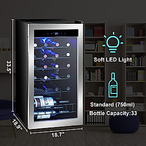 SMETA Wine Fridge 34 Bottle, 19 Inch Wine Cooler Refrigerator Freestanding/Under Counter, Wine Caller for Home and Bar with Upgrade Compressor Low Noise 41°F to 64°F, Black and Stainless Steel