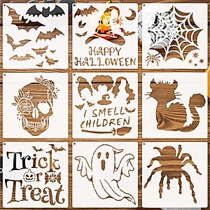 Halloween Stencils for Painting on Wood Walls Crafts Canvas, Reusable Happy Halloween/Trick or Treat/Spider Web/Skull/Bats/Cat/Ghost Painting Stencils for Halloween Decorations