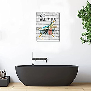 Sea Turtle Bathroom Wall Art Teal Sea Turtle Pictures Wall Decor Funny Sea Turtle in Bathtub Canvas Painting Print Artworks Coastal Beach Themed Ocean Animal Nautical Bathroom Decor Framed 12"x16"
