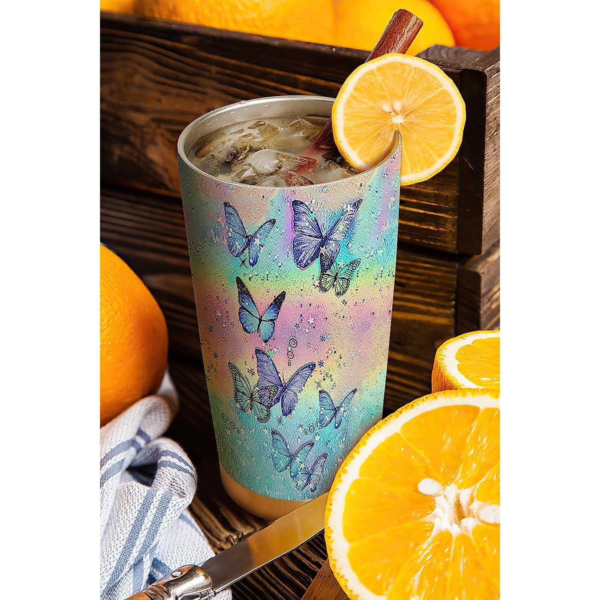 20oz Colorful Tie Dye Butterfly Tumbler, Gifts for Butterfly Lovers, Coffee Thermos for Women, Stainless Steel Double Wall Vacuum Insulated Coffee Mug, Travel Cup with Lid