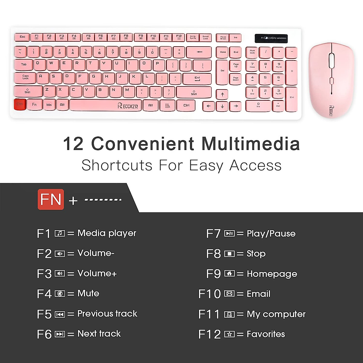RECCAZR Wireless Keyboard and Mouse Combo, 2.4Ghz Full Size Wireless Keyboard and DPI Adjustable Mouse,Long Battery Life, Lag-Free Wireless Keyboard and Mouse for PC, Windows, Desktop, Laptop(Pink)