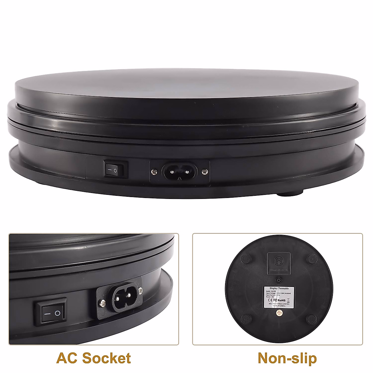 Homend 110V Electric Motorized Rotating Turntable Display Stand, 10inch/25cm Diameter 22lb Load, 360 Degree Rotating in Either Direction, for Photography, Showcase (Black, 10inch/25cm)