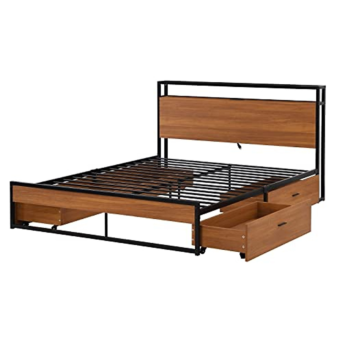 Banemi Queen Bed Frame with Drawers, Queen Size Platform Bed Frame Black Metal Bed Frame with Four Drawers Sockets and USB Ports Slat Support