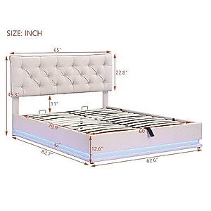 Prohon Queen Size Platform Bed with Hydraulic Storage System and Sensor LED Light, Modern Upholstered Bed Frame w/Button-Tufted Design Headboard, No Box Spring Needed, Wooden Slats Support, Beige