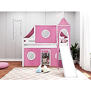JACKPOT! Princess Low Loft Bed with Slide, Pink and White Tent and Tower, Twin, White
