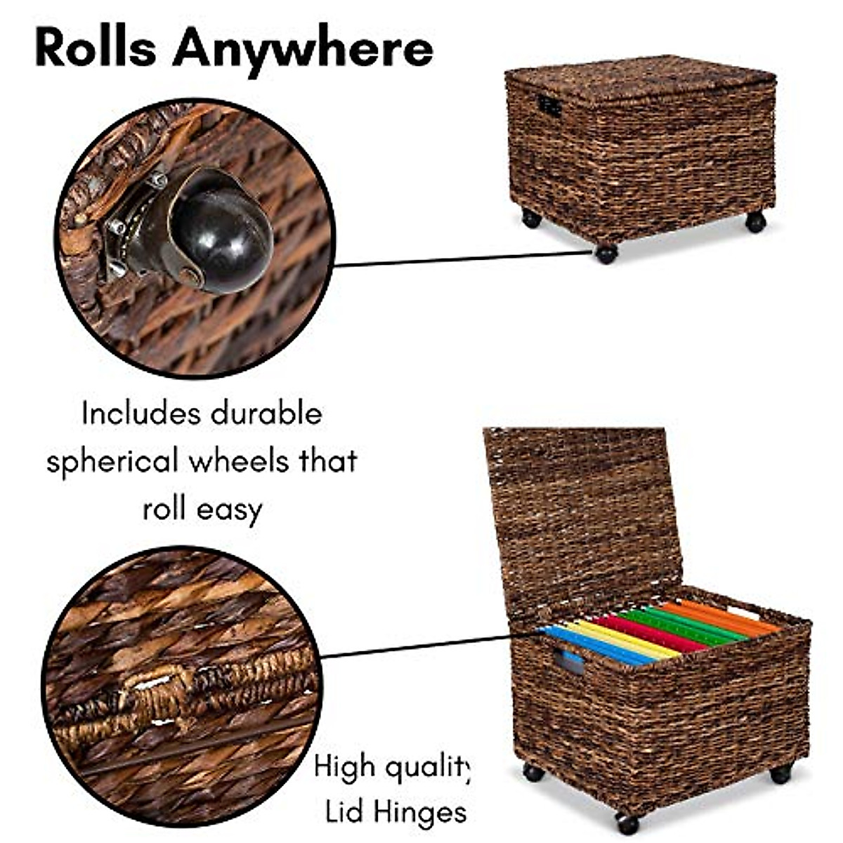 BirdRock Home Seagrass Rolling File Cabinet - Storage Organizer Box with Lid - Home Office Decor - Decorative Organize - Letter Legal Hanging Filing Container - Strong Durable Toy Pillow - Espresso