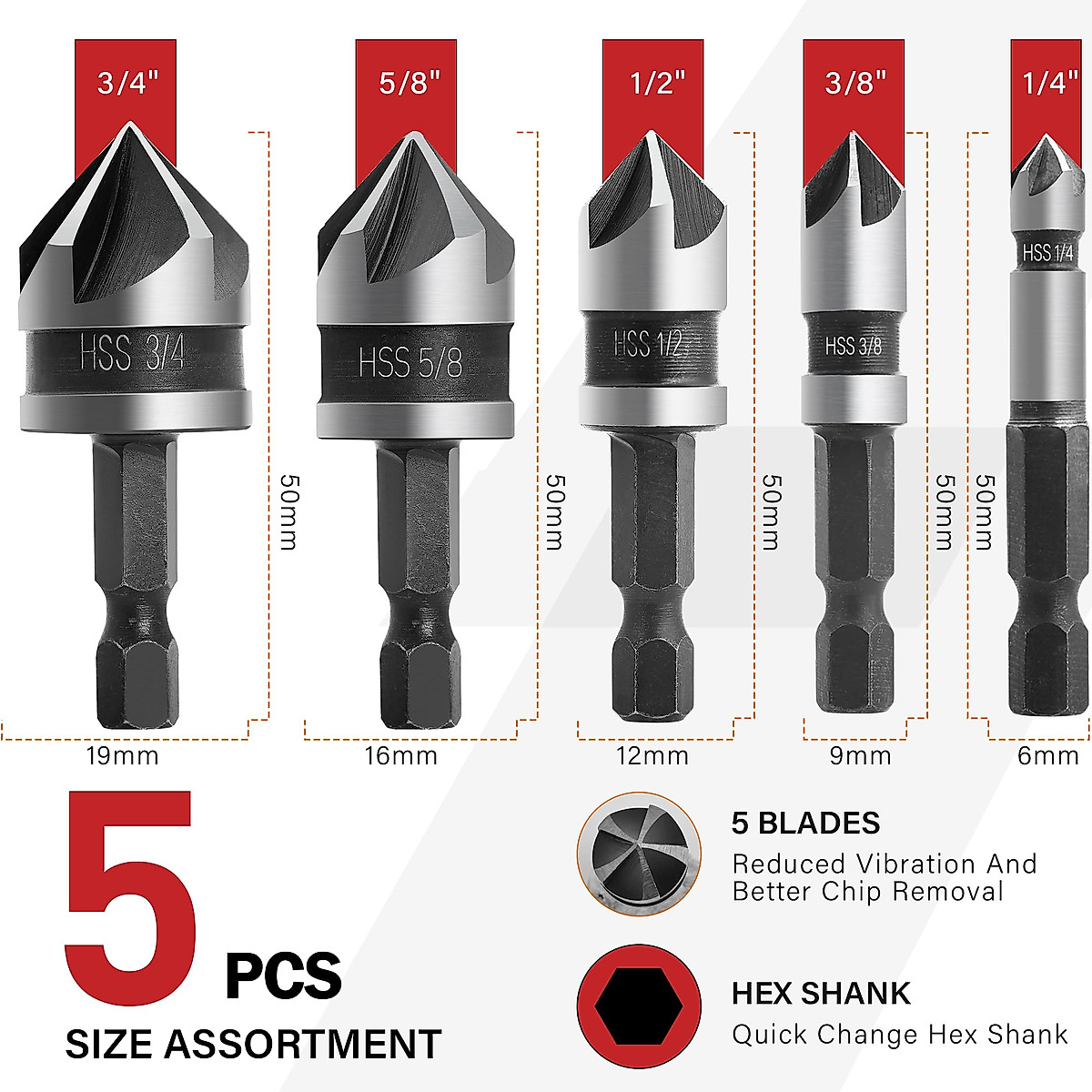 AIMLENTOOL 5 Pcs Countersink Drill Bit Set, 82 Degree 5 Flute High-Speed Steel Countersink Drill Bit with 1/4” Hex Shank, 1/4" to 3/4" Size for Machinable Metals, Wood, Carbon Steel, in Aluminum Case