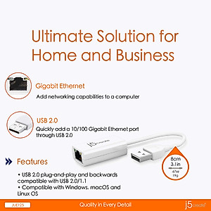j5create USB Type A 2.0 Ethernet Adapter, Compatible for Windows 11/10 / 8.1/7 and Chrome OS