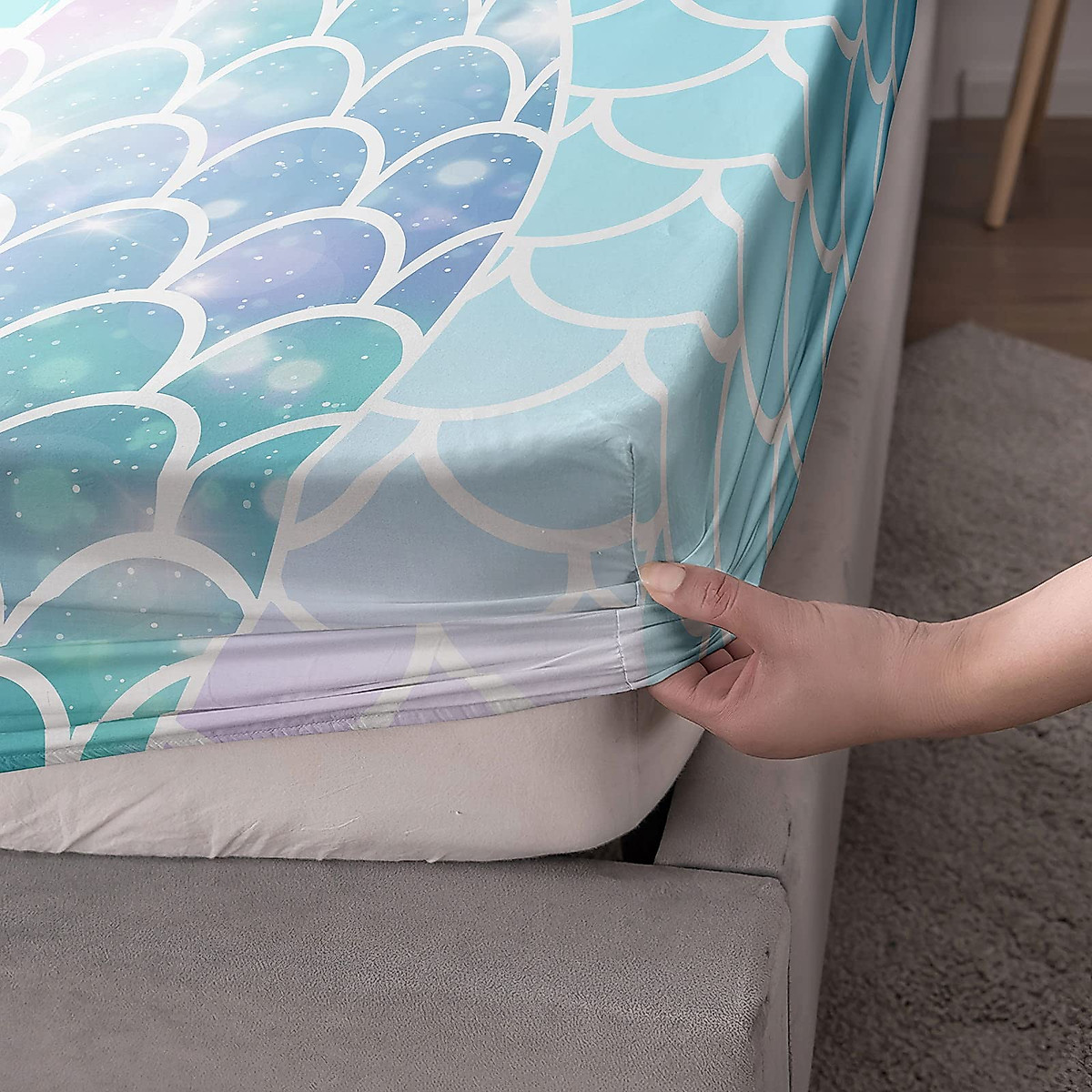 Datura home 4Pcs Kids Fitted Sheet and Flat Set Rainbow Scales Mermaid Printed Pattern Bedding with 1 + 2 Pillowcases for Boys Girls (Rainbow Queen), 91x102 Inches