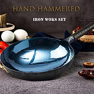 shuoguoleilei Chinese Hand Hammered Iron Woks Set, Non-stick No Coating Preseasoned Wok Blue Round Bottom Wok Pan For Electric, Induction and Gas Stoves （Blue Black-14）