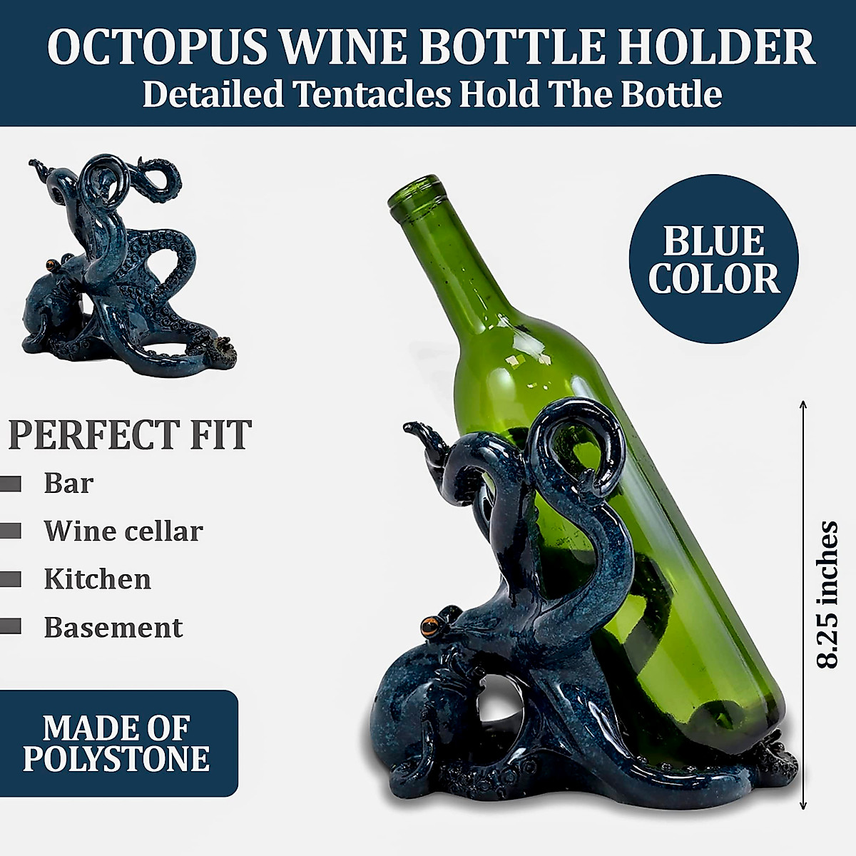 Octopus Wine Holder Figurine Countertop Bar Decor Octopus Sculpture Single Wine Holder (Blue)