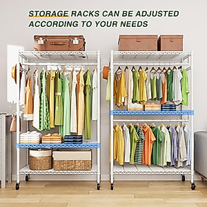 LEHOM G1 Heavy Duty Clothes Rack, 3 Tiers Rolling Garment Rack for Hanging Clothes, Adjustable Wire Clothing Rack with Storage Shelves, Lockable Wheels Freestanding Closet Wardrobe for Bedroom, White