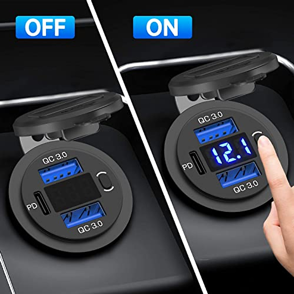 12V USB Outlet Qidoe Dual 18W Quick Charge 3.0 Port & 20W PD 12V USB C Car Charger Socket with Voltmeter and Power Switch, Waterproof Multiple Car USB Port Adapter for Car Boat Marine Truck Golf RV