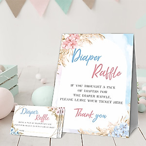 JCVUK BOHO Baby Shower Games, 1 Diaper Raffle Standing Sign with 50 Diaper Raffle Tickets, Pampas Grass Bohemian Theme Gender Reveal Party Decorations and Supplies For Boys or Girls(LBLK-A01)